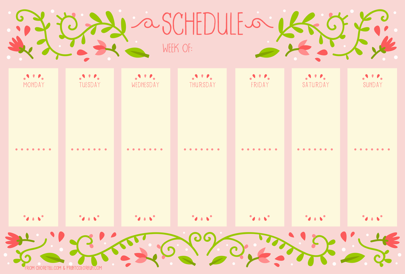 Weekly schedule with vintage flower design – Free printable downloads ...