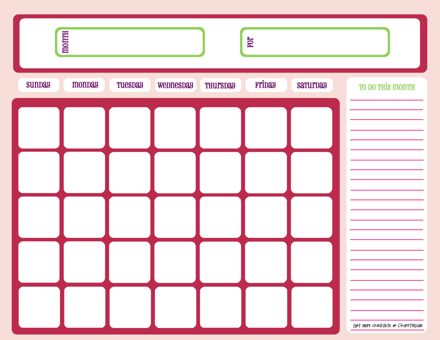 Blank calendar, pink and purple – Free printable downloads from ChoreTell