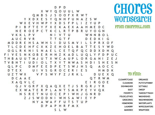 Chores wordsearch – Free printable downloads from ChoreTell