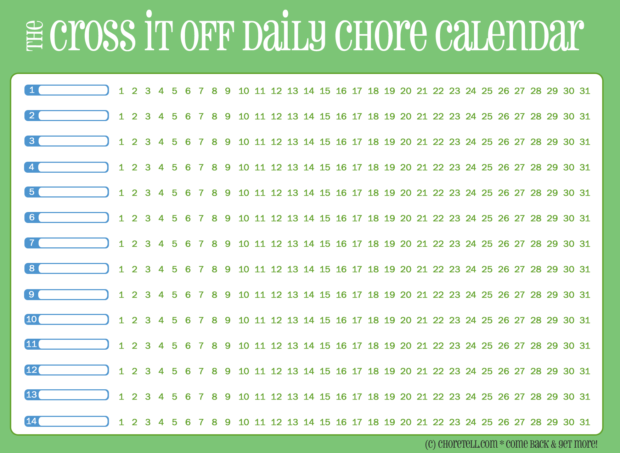 Free printable daily chore calendar, green – Free printable downloads ...