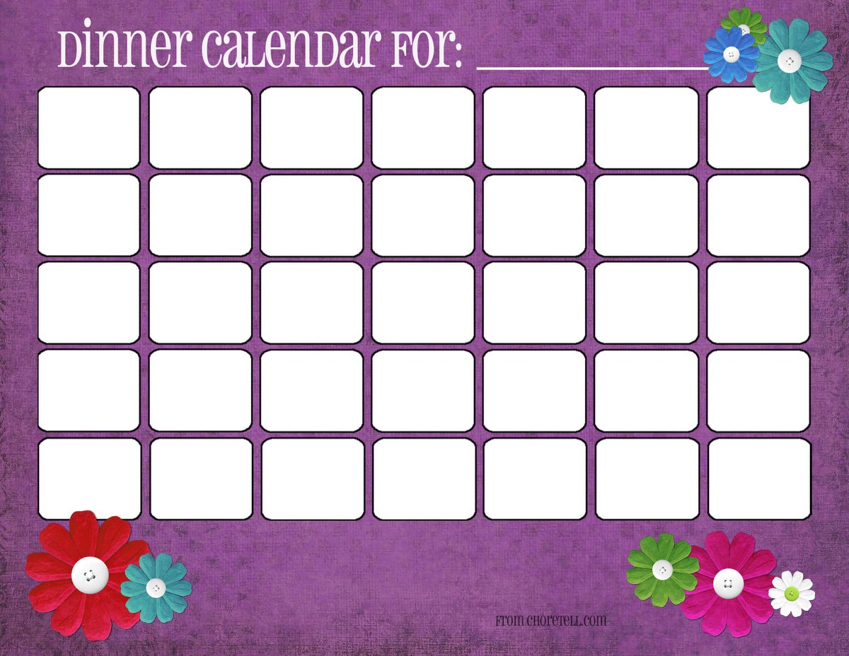 Dinner menu planning calendars – Free printable downloads from ChoreTell